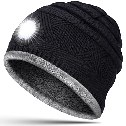 LED Beanie Hat Gift for Men Stocking Stuffers for Dad Grandpa Husband Boyfriend Him Adult Teens Women Unisex Soft Warm Comfortable Winter Knit Cap Headlamp Lighted Hat for Running Black