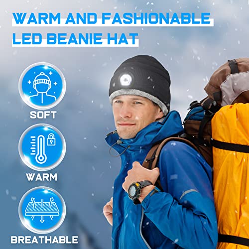 LED Beanie Hat Gift for Men Stocking Stuffers for Dad Grandpa Husband Boyfriend Him Adult Teens Women Unisex Soft Warm Comfortable Winter Knit Cap Headlamp Lighted Hat for Running Black