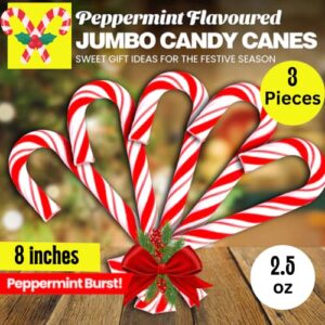 Red & White Jumbo Candy Canes Peppermint Flavor 8in Classic Hard Candy Suckers for Kids Adults Christmas Tree Table Decoration Xmas Stocking Stuffers Holiday Goody Bag Filler & Party Favor 3 Count