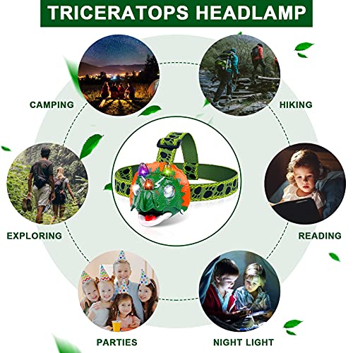 Triceratops LED Headlamp - Dinosaur Headlamp for Kids Camping Essentials | Dinosaur Toy Head Lamp Flashlight for Boys Girls or Adults | Ideal Gift for Birthday, Halloween, Christmas, New Year