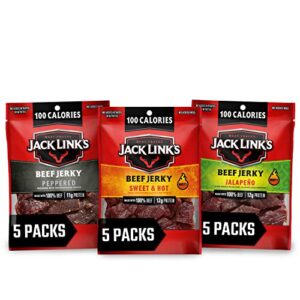 jack link’s beef jerky bold variety pack – includes sweet & hot, jalapeno and peppered beef jerky, great lunch box snack, good source of protein – pack of 15, 1.25 oz bags