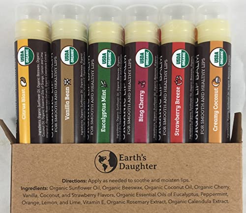 USDA Organic Lip Balm 6-Pack by Earth's Daughter - Fruit Flavors, Beeswax, Coconut Oil, Vitamin E - Best Lip Repair Chapstick for Dry Cracked Lips - Moisturizing Lip Care For Kids And Adults