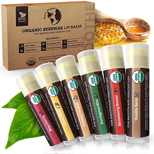 USDA Organic Lip Balm 6-Pack by Earth's Daughter - Fruit Flavors, Beeswax, Coconut Oil, Vitamin E - Best Lip Repair Chapstick for Dry Cracked Lips - Moisturizing Lip Care For Kids And Adults