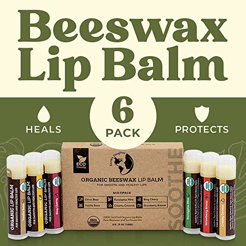 USDA Organic Lip Balm 6-Pack by Earth's Daughter - Fruit Flavors, Beeswax, Coconut Oil, Vitamin E - Best Lip Repair Chapstick for Dry Cracked Lips - Moisturizing Lip Care For Kids And Adults