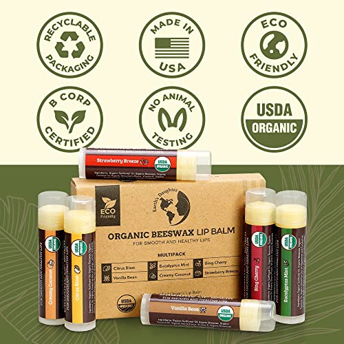 USDA Organic Lip Balm 6-Pack by Earth's Daughter - Fruit Flavors, Beeswax, Coconut Oil, Vitamin E - Best Lip Repair Chapstick for Dry Cracked Lips - Moisturizing Lip Care For Kids And Adults