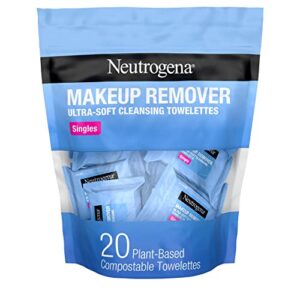 neutrogena makeup remover facial cleansing towelette singles, daily face wipes remove dirt, oil, makeup & waterproof mascara, gentle, individually wrapped, 100% plant-based fibers, 20 ct