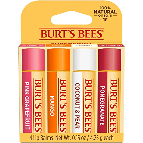 Burt's Bees Lip Balm Easter Basket Stuffers, Moisturizing Lip Care Spring Gift, for All Day Hydration, 100% Natural, SuperFruit - Pomegranate, Coconut & Pear, Mango, Pink Grapefruit (4 Pack)