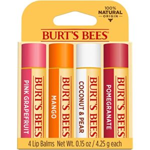 Burt's Bees Lip Balm Easter Basket Stuffers, Moisturizing Lip Care Spring Gift, for All Day Hydration, 100% Natural, SuperFruit - Pomegranate, Coconut & Pear, Mango, Pink Grapefruit (4 Pack)