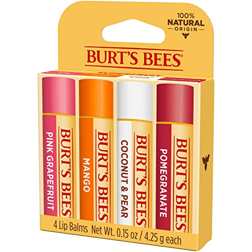 Burt's Bees Lip Balm Easter Basket Stuffers, Moisturizing Lip Care Spring Gift, for All Day Hydration, 100% Natural, SuperFruit - Pomegranate, Coconut & Pear, Mango, Pink Grapefruit (4 Pack)