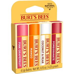 Burt's Bees Lip Balm Easter Basket Stuffers, Moisturizing Lip Care Spring Gift, for All Day Hydration, 100% Natural, SuperFruit - Pomegranate, Coconut & Pear, Mango, Pink Grapefruit (4 Pack)