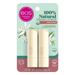 eos 100% natural & organic lip balm sticks- vanilla bean, all-day moisture, dermatologist recommended, 0.14 oz, 2-pack