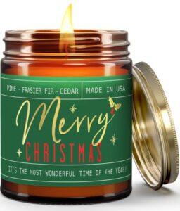 christmas candles, christmas candle – ‘merry christmas’ christmas scented holiday candles, w/pine, frasier fir, cedar i christmas tree candle i stocking stuffers for women i 9oz, 50hr, usa made