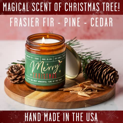 Christmas Candles, Christmas Candle - 'Merry Christmas' Christmas Scented Holiday Candles, w/Pine, Frasier Fir, Cedar I Christmas Tree Candle I Stocking Stuffers for Women I 9oz, 50Hr, USA Made