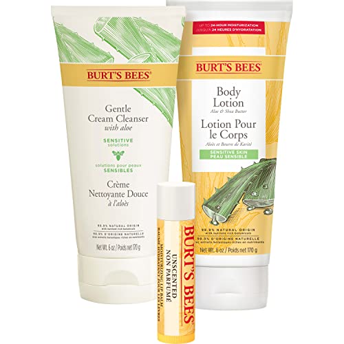 Burt's Bees Christmas Gifts, 3 Body Care Stocking Stuffers Products, Hydration Station Set - Unscented Lip Balm, Gentle Cream Cleanser & Aloe Shea Butter Body Lotion