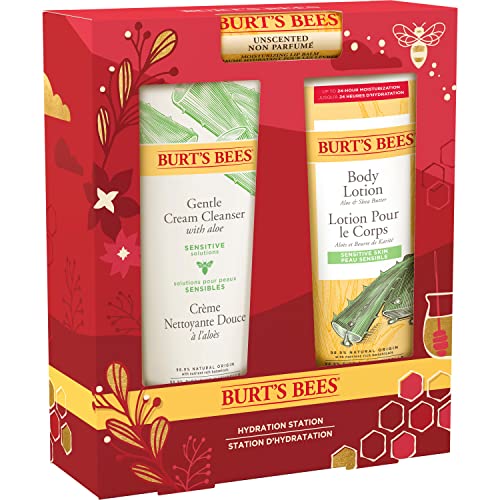 Burt's Bees Christmas Gifts, 3 Body Care Stocking Stuffers Products, Hydration Station Set - Unscented Lip Balm, Gentle Cream Cleanser & Aloe Shea Butter Body Lotion