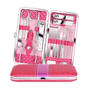 teamkio 18pcs manicure set pedicure nail clippers set travel hygiene kit stainless steel professional cutter care set scissor tweezer knife ear pick tools grooming kits with leather case (18pcs, pink)