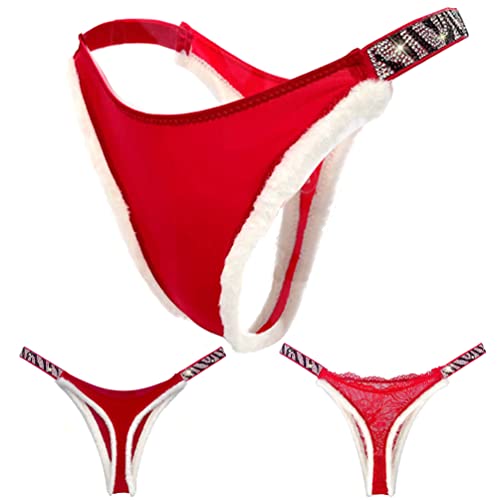 Gifts for Women Christmas Underwear - 2 Packs Rhinestones Thongs Stocking Stuffers for Women Sexy Santa Costume Christmas Lingerie for Women L Red