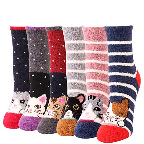 MarJunSep Fuzzy Socks for Women Big Kids Cute Fun Cat Dog Owl Fluffy Cozy Animal Slipper Socks Stocking Stuffers Gifts (6 pairs cat)