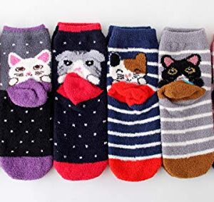 MarJunSep Fuzzy Socks for Women Big Kids Cute Fun Cat Dog Owl Fluffy Cozy Animal Slipper Socks Stocking Stuffers Gifts (6 pairs cat)