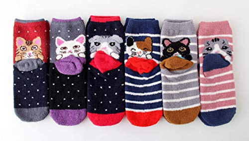 MarJunSep Fuzzy Socks for Women Big Kids Cute Fun Cat Dog Owl Fluffy Cozy Animal Slipper Socks Stocking Stuffers Gifts (6 pairs cat)