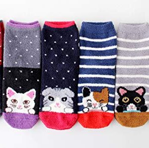 MarJunSep Fuzzy Socks for Women Big Kids Cute Fun Cat Dog Owl Fluffy Cozy Animal Slipper Socks Stocking Stuffers Gifts (6 pairs cat)