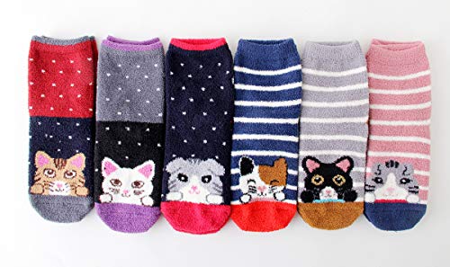 MarJunSep Fuzzy Socks for Women Big Kids Cute Fun Cat Dog Owl Fluffy Cozy Animal Slipper Socks Stocking Stuffers Gifts (6 pairs cat)