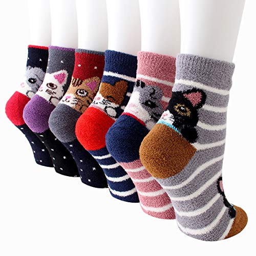 MarJunSep Fuzzy Socks for Women Big Kids Cute Fun Cat Dog Owl Fluffy Cozy Animal Slipper Socks Stocking Stuffers Gifts (6 pairs cat)