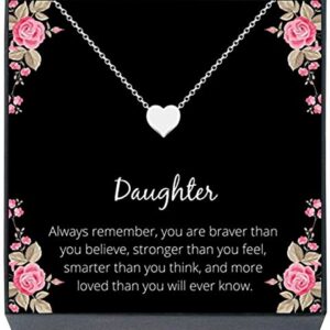 Daughter Heart Necklace Jewelry Gift from Mom, Dad, "Braver, Stronger, Smarter, Loved" Quote for Women Teens, Jewelry for Daughter Birthday, Sweet 16, Christmas, Stocking Stuffers Gifts from Mother/Father (Silver)