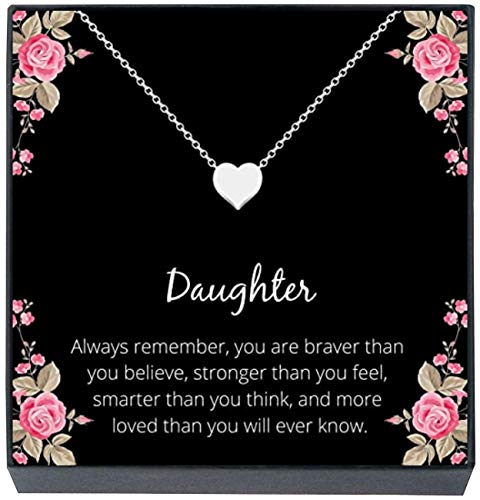 Daughter Heart Necklace Jewelry Gift from Mom, Dad, "Braver, Stronger, Smarter, Loved" Quote for Women Teens, Jewelry for Daughter Birthday, Sweet 16, Christmas, Stocking Stuffers Gifts from Mother/Father (Silver)