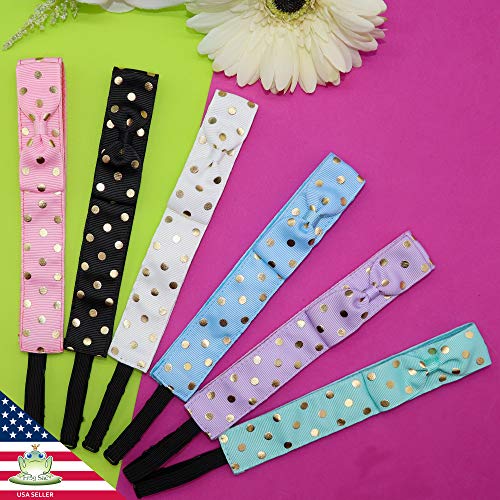 FROG SAC 6 Polka Dot Elastic Bow Headbands for Girls, Adjustable Non Slip Bow Hair Bands for Kids, Dressy Nonslip Girl Head Bands Hair Accessories, Cute No Slip Headband Stocking Stuffers for Girls