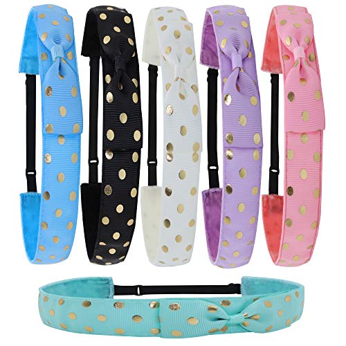 FROG SAC 6 Polka Dot Elastic Bow Headbands for Girls, Adjustable Non Slip Bow Hair Bands for Kids, Dressy Nonslip Girl Head Bands Hair Accessories, Cute No Slip Headband Stocking Stuffers for Girls