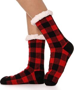 fuzzy socks for women slipper fluffy buffalo plaid cabin cozy winter thick warm comfy sherpa fleece sleep plush home grips socks christmas white elephant gift stocking stuffer for wife her teenage-red