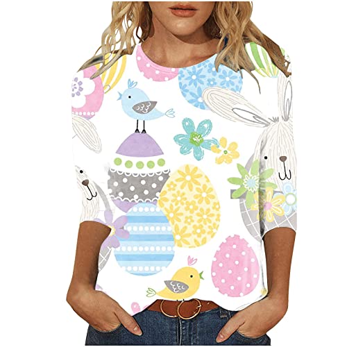 Women Happy Easter Graphic Shirt 3/4 Sleeve Tops Blouse Crewneck Tshirts Tees 2023 Cute FUUNY Basket Gift Clothes Tops