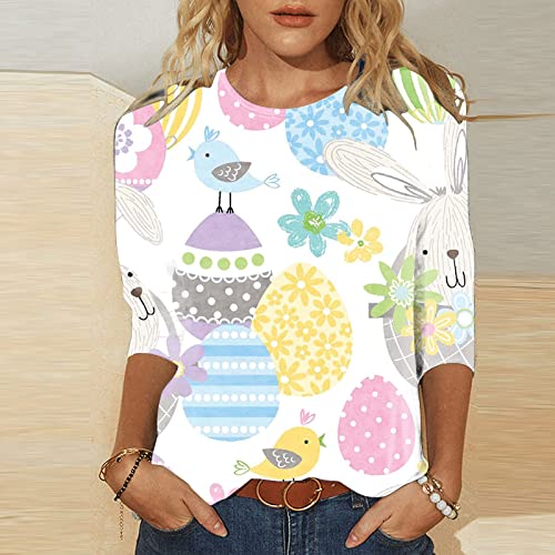 Women Happy Easter Graphic Shirt 3/4 Sleeve Tops Blouse Crewneck Tshirts Tees 2023 Cute FUUNY Basket Gift Clothes Tops