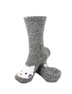 bamboomn kitty hello socks for women, non-slip warm fuzzy crew socks, christmas kitty stocking stuffer, gray, 3 pair