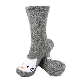 BambooMN Kitty Hello Socks For Women, Non-Slip Warm Fuzzy Crew Socks, Christmas Kitty Stocking Stuffer, gray, 3 pair