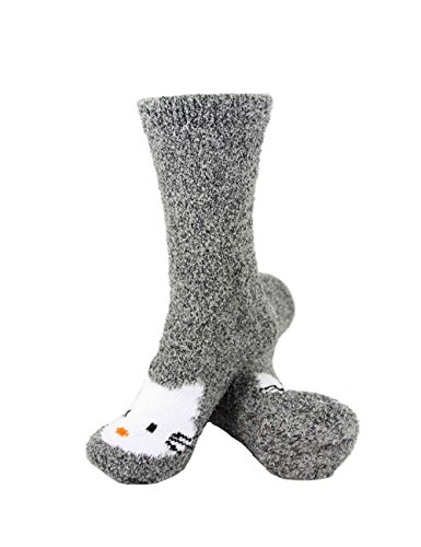 BambooMN Kitty Hello Socks For Women, Non-Slip Warm Fuzzy Crew Socks, Christmas Kitty Stocking Stuffer, gray, 3 pair