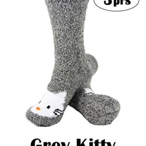 BambooMN Kitty Hello Socks For Women, Non-Slip Warm Fuzzy Crew Socks, Christmas Kitty Stocking Stuffer, gray, 3 pair