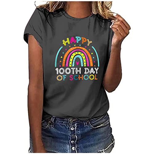 Women Rainbow Print Shirts Short Sleeve T Shirts 100 Days of School T Shirts Lightweight Casual Graphic Tee Tops 2023