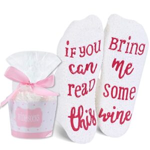 if you can read this bring me some wine socks wine gifts for women girls funny novelty fuzzy socks christmas stocking stuffer slipper socks non slip home hospital socks, blue