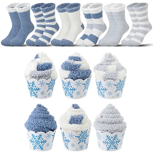 Jeyiour 6 Pairs Cupcake Socks Fuzzy Socks for Women Winter Socks with Grips DIY Christmas New Year Gift Warm Soft Men Non Slip Slipper Socks Fluffy Socks Christmas Stocking Stuffers with Gift Boxes