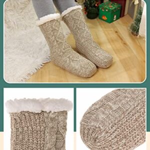 Fuzzy Slipper Socks for Women Fluffy Cozy Cabin Fleece Winter Warm Plush Home Thick Comfy Grips Non Slip Socks Christmas Gift Stocking Stuffer（Knit- Beige）