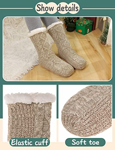 Fuzzy Slipper Socks for Women Fluffy Cozy Cabin Fleece Winter Warm Plush Home Thick Comfy Grips Non Slip Socks Christmas Gift Stocking Stuffer（Knit- Beige）