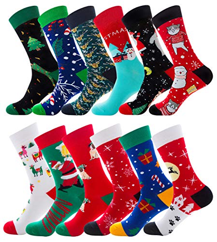 Gellwhu Men's Christmas Socks, Christmas Gifts for Men Women Stocking Stuffers Large Holiday Fun Novelty Cotton Socks (12 pairs socks)