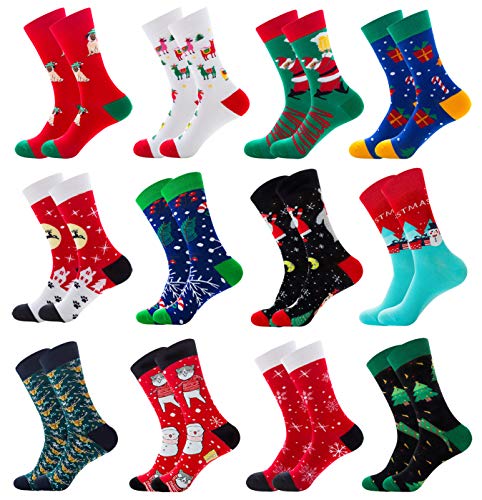 Gellwhu Men's Christmas Socks, Christmas Gifts for Men Women Stocking Stuffers Large Holiday Fun Novelty Cotton Socks (12 pairs socks)