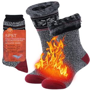 spst skiing snowboarding warm thermal socks, women fuzzy adult heated stocking hot thick insulated cozy outdoor cold weather soft fleece comfy adorable funny crew floor slipper socks, 1 pair grey m