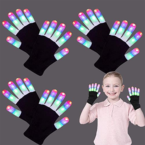 3 Pairs LED Gloves 5 Colors 6 Modes Light Up Gloves Kids Teens New Years Eve Party Supplies Christmas Stocking Stuffers