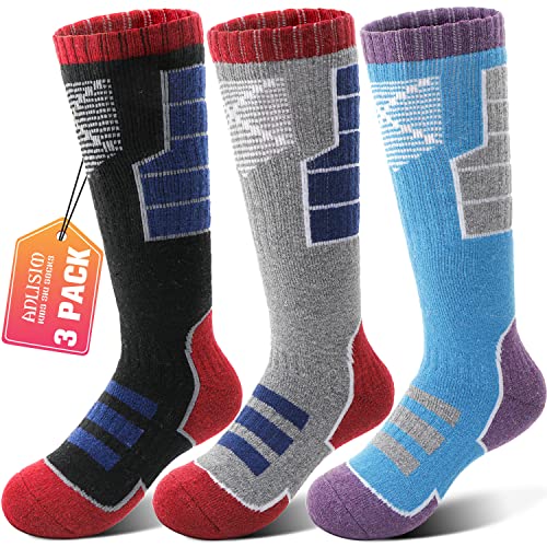 Anlisim Kids Merino Wool Ski Socks for Girls Boys Teen Thermal Winter Warm Thick Hiking Knee High Socks Stocking Stuffers for Skiing Snowboarding (Black / Grey / Blue B, 8-12 Y)