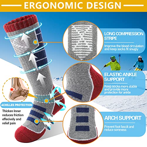 Anlisim Kids Merino Wool Ski Socks for Girls Boys Teen Thermal Winter Warm Thick Hiking Knee High Socks Stocking Stuffers for Skiing Snowboarding (Black / Grey / Blue B, 8-12 Y)