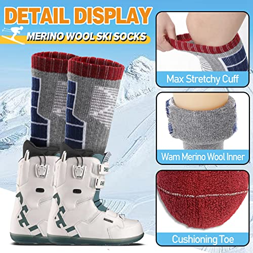 Anlisim Kids Merino Wool Ski Socks for Girls Boys Teen Thermal Winter Warm Thick Hiking Knee High Socks Stocking Stuffers for Skiing Snowboarding (Black / Grey / Blue B, 8-12 Y)